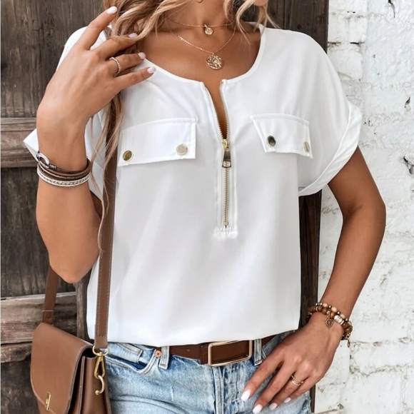Delilah Wear | Tops | New Half Zip White Short Sleeve Top | Poshmark